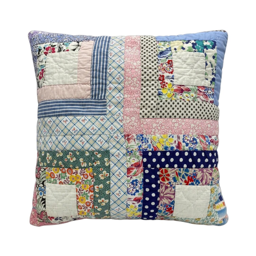 Vintage Log Cabin Quilt Pillow 15” | Stuffed 4 Patch Quilt Block ...