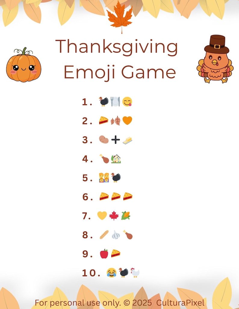 Thanksgiving Emoji Game Printable | Kids & Adults | Friendsgiving Party ...