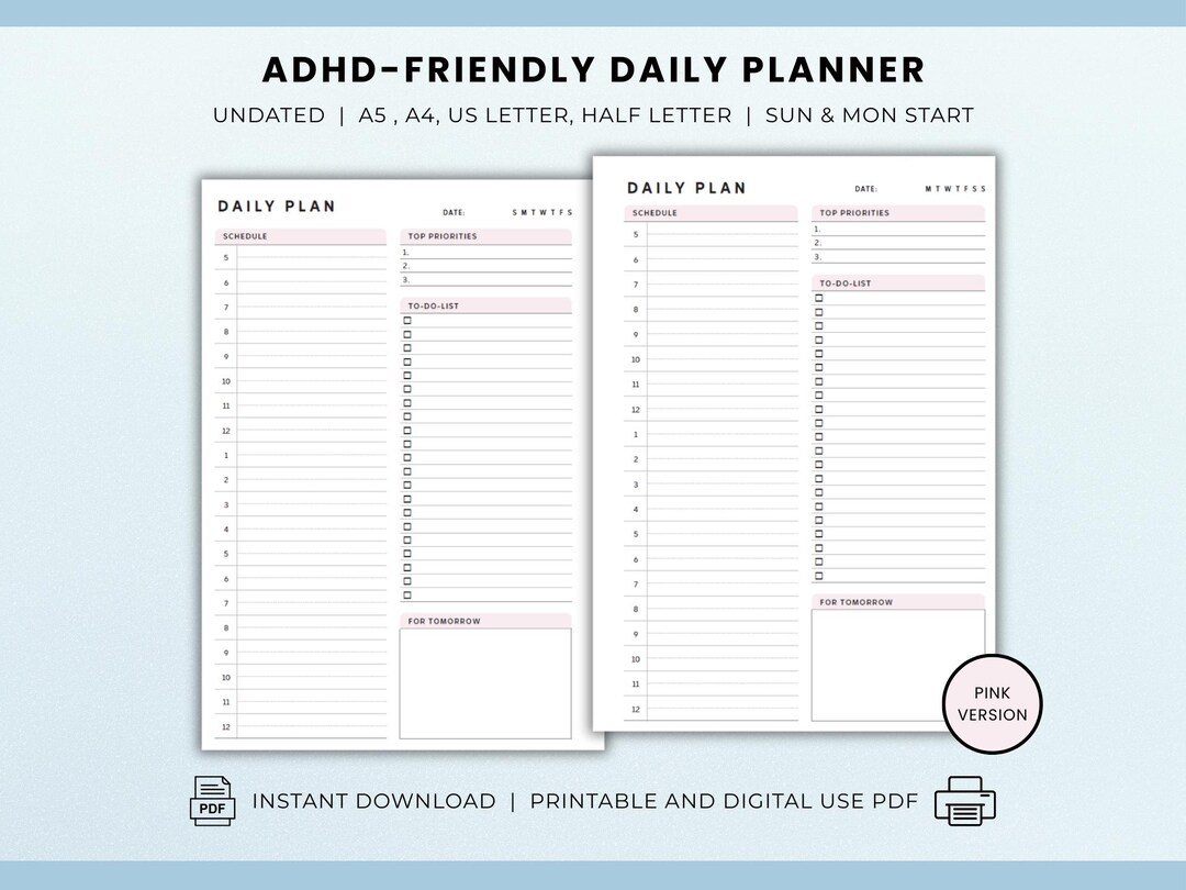 Undated ADHD Daily Planner Printable Digital Time Blocking Hourly ...