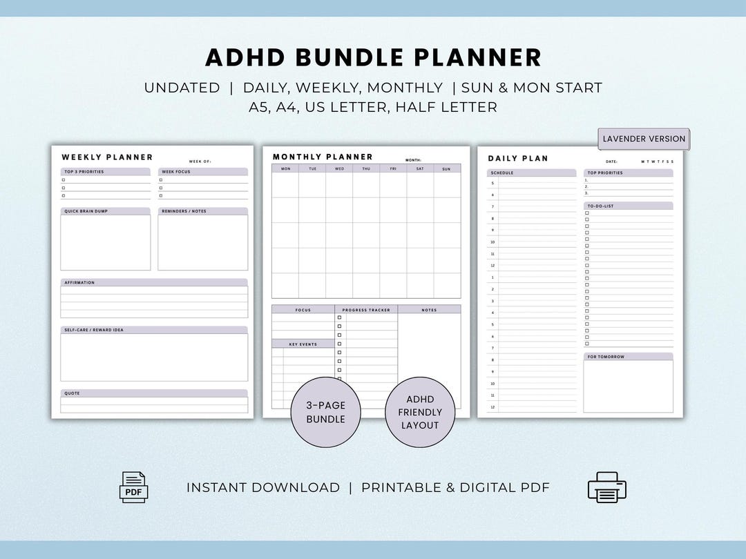 ADHD Planner Bundle Printable Digital PDF | Daily Weekly Monthly for ...
