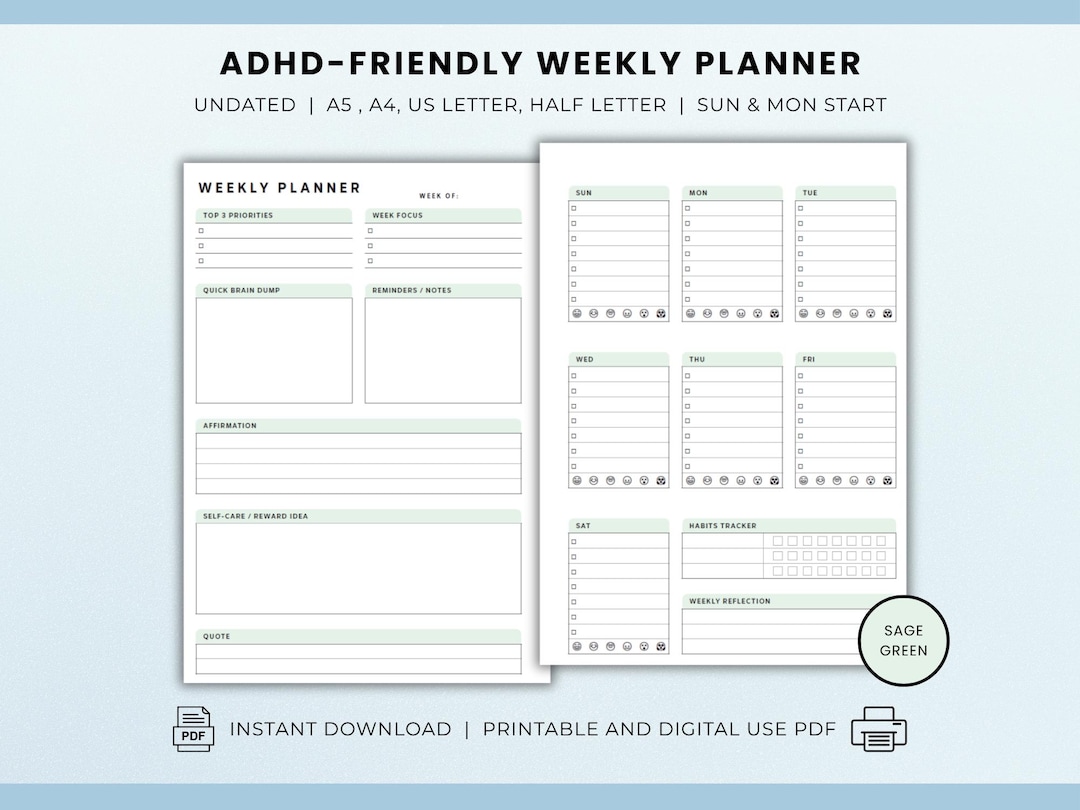 Undated ADHD Weekly Planner Printable Digital Time Blocking Priorities ...