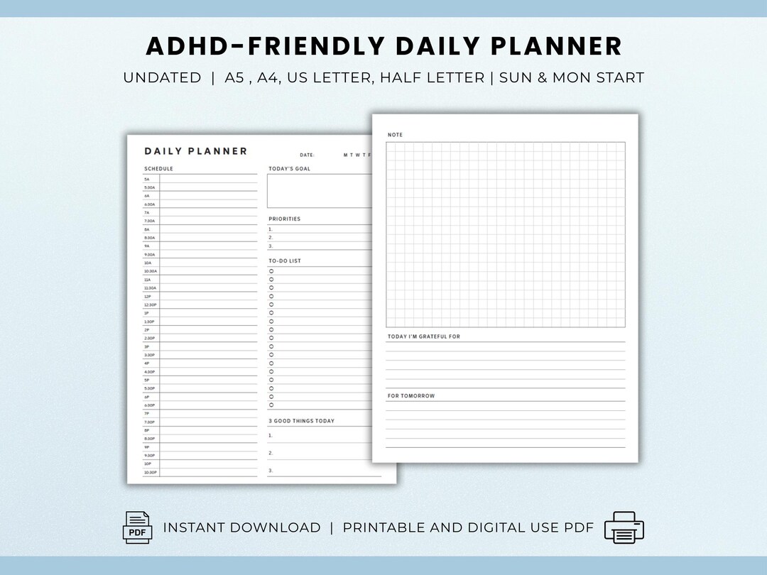 Undated ADHD Daily Planner Printable Digital PDF | Notes Gratitude ...