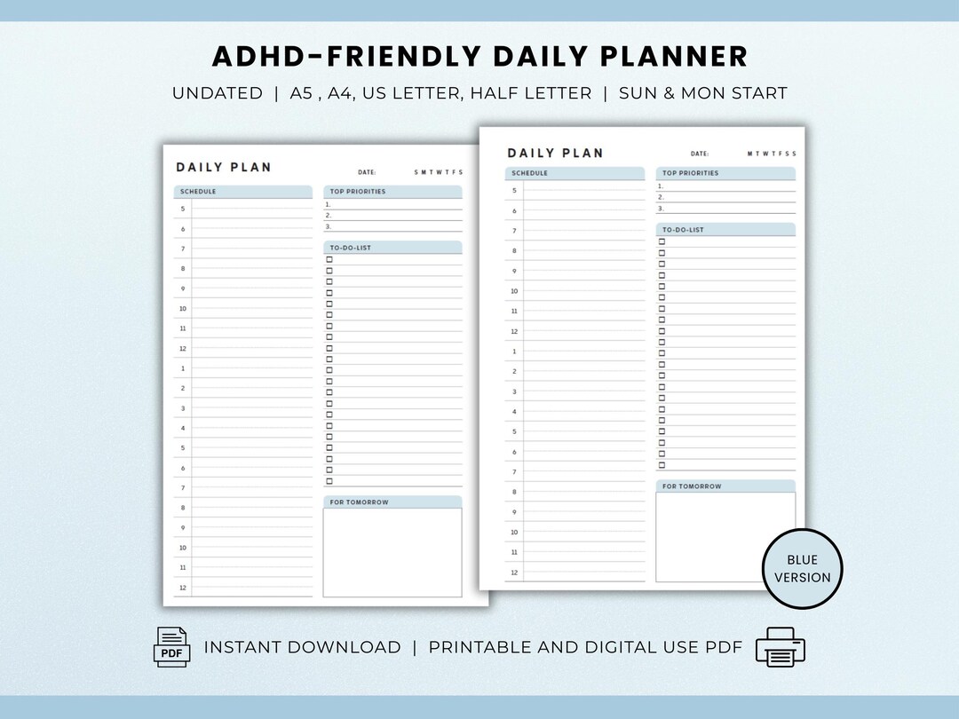 Undated ADHD Daily Planner Printable Digital Time Blocking Hourly ...