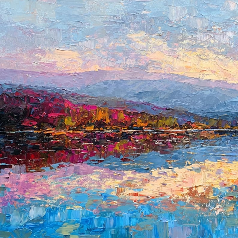 Abstract Lake Scenery Oil Painting, Original Impasto Autumn Landscape ...