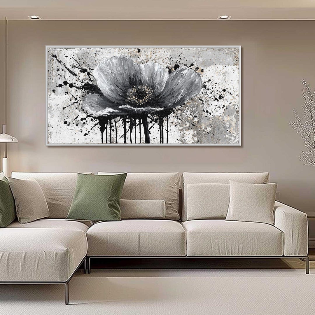Black and White Flower Canvas Oil Painting, Textured Poppy Wall Art ...