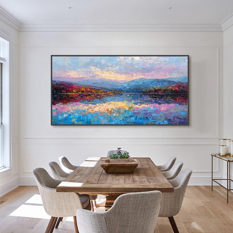 Abstract Lake Scenery Oil Painting, Original Impasto Autumn Landscape ...