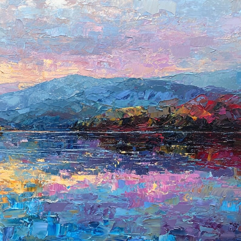 Abstract Lake Scenery Oil Painting, Original Impasto Autumn Landscape ...