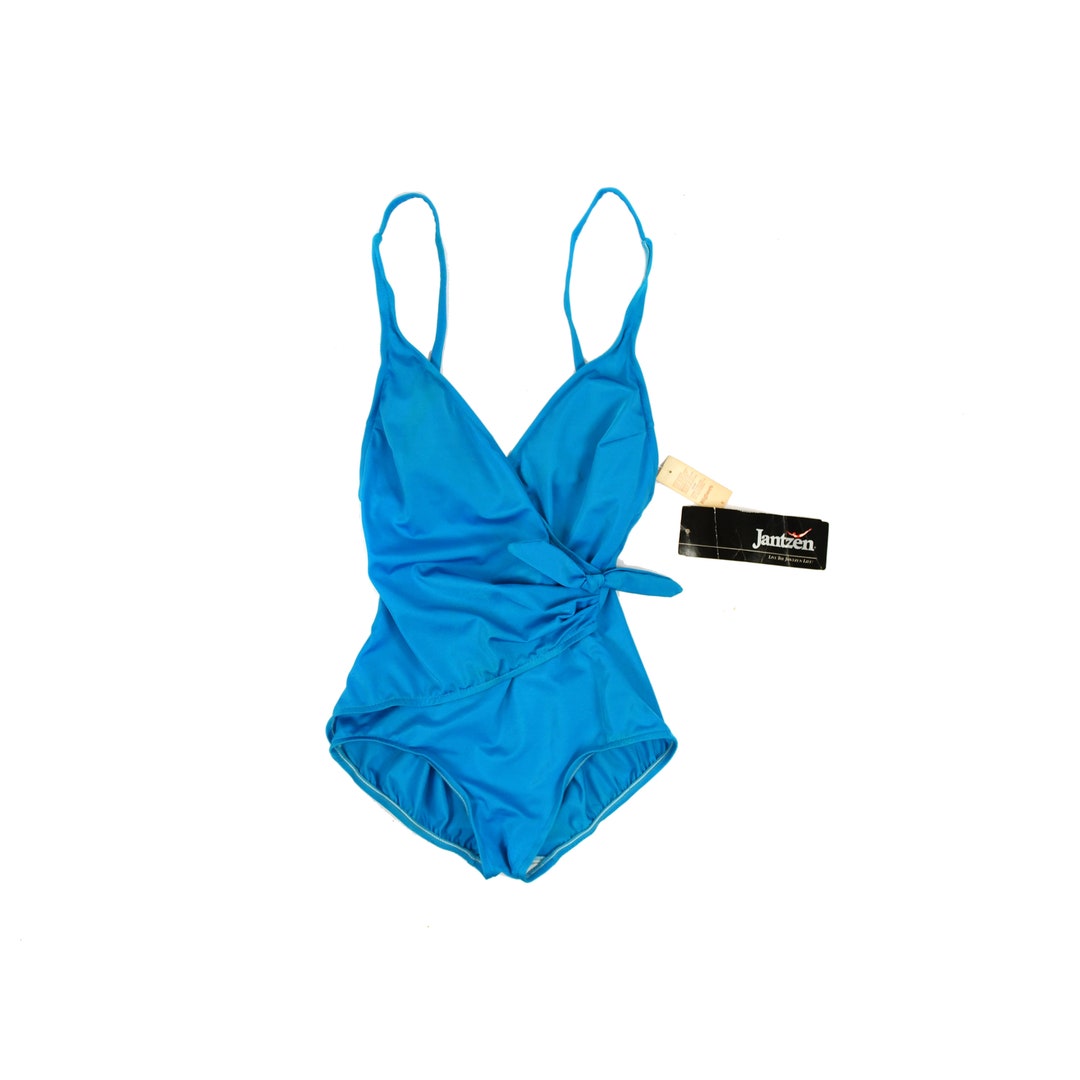 Vintage 80s Jantzen Bright Teal Blue Deep V One Piece Swimsuit Bathing ...