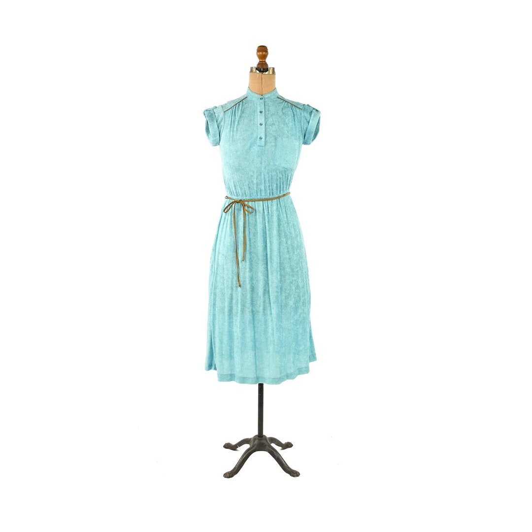 Vintage 70s Aqua Terry Cloth Dress: Preppy Belted Mock Neck - Etsy