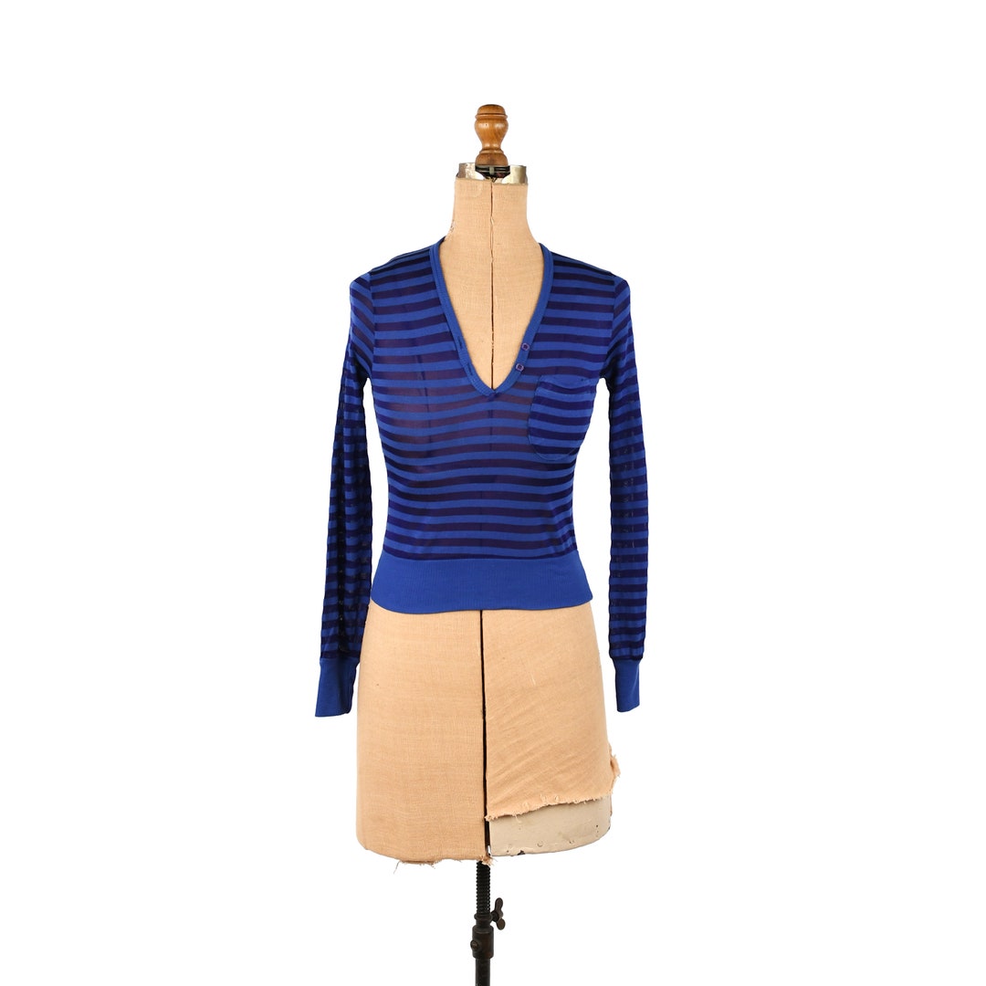 Vintage 70s Arpeja Semi Sheer Dark Blue Stripe Fitted Henley Long ...