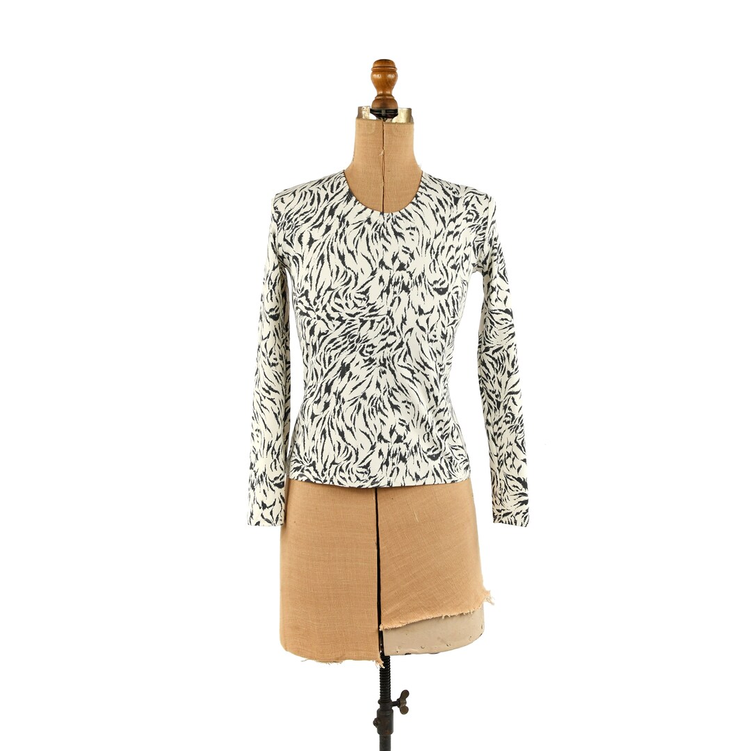 Vintage 90s Cache Animal Print Fitted Top: Black & White Stretch Shirt ...