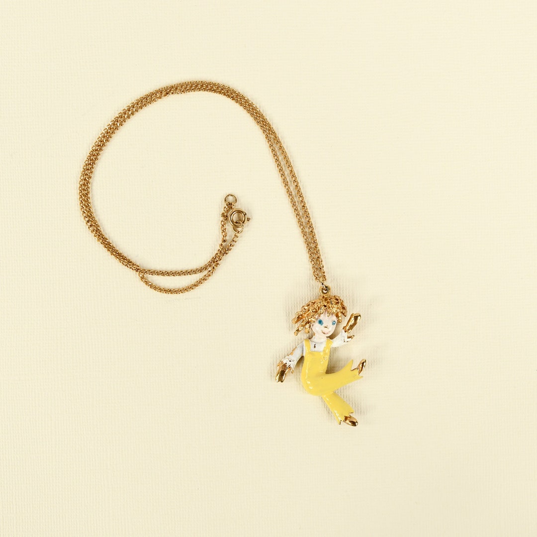 Vintage 70s Gold Metal White Yellow Ragdoll Novelty Charm Chain Pendant ...
