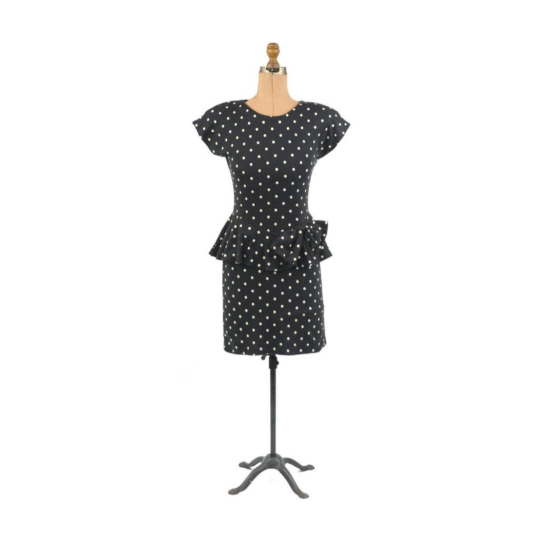 Vintage 80s Black + White Polka Dot Cotton Jersey Peplum Ruffle ...