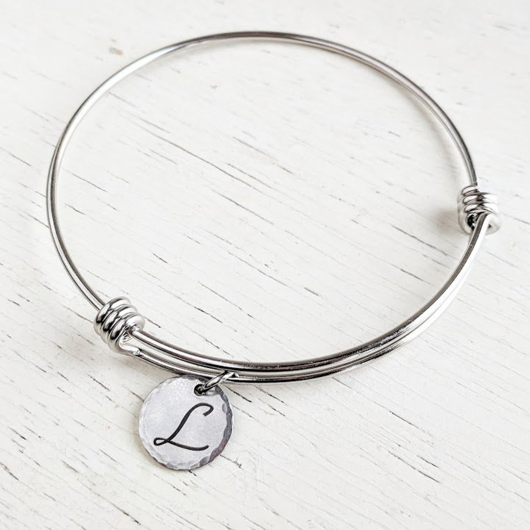 Silver Initial Bangle Bracelet With Swarovski Birthstone, Personalized ...