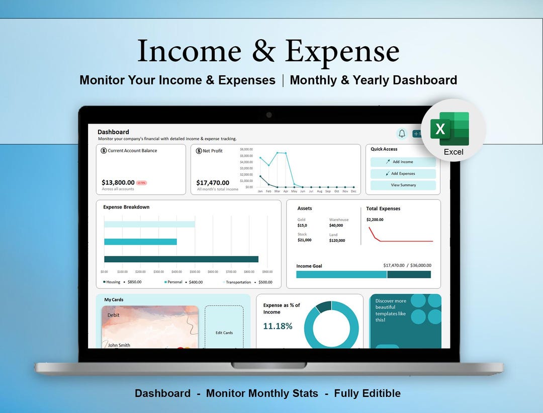 Income & Expense Tracker Excel Automated Budget Spreadsheet for Monthly ...