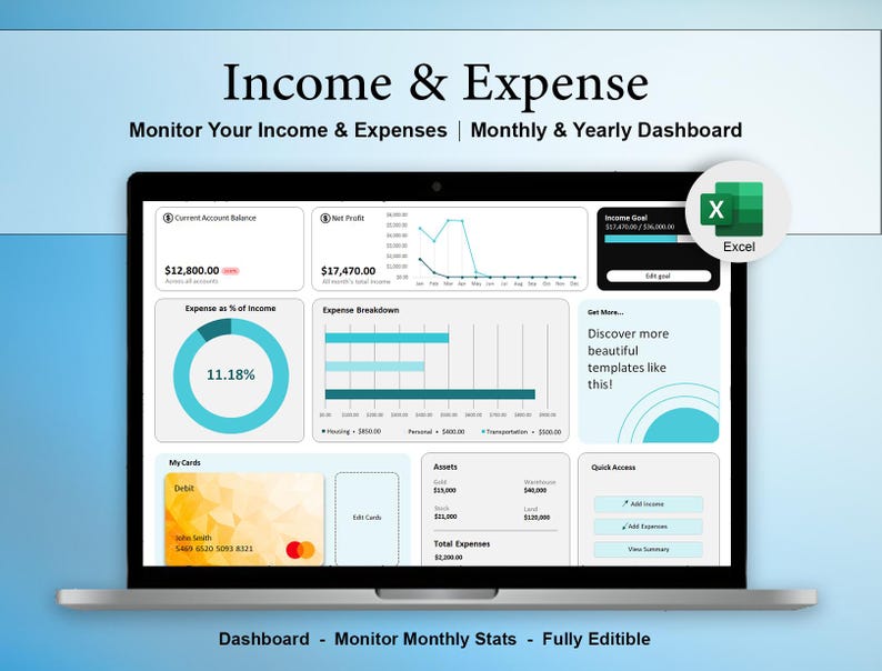 Income & Expense Tracker Excel Template Monthly Budget Sheet for ...