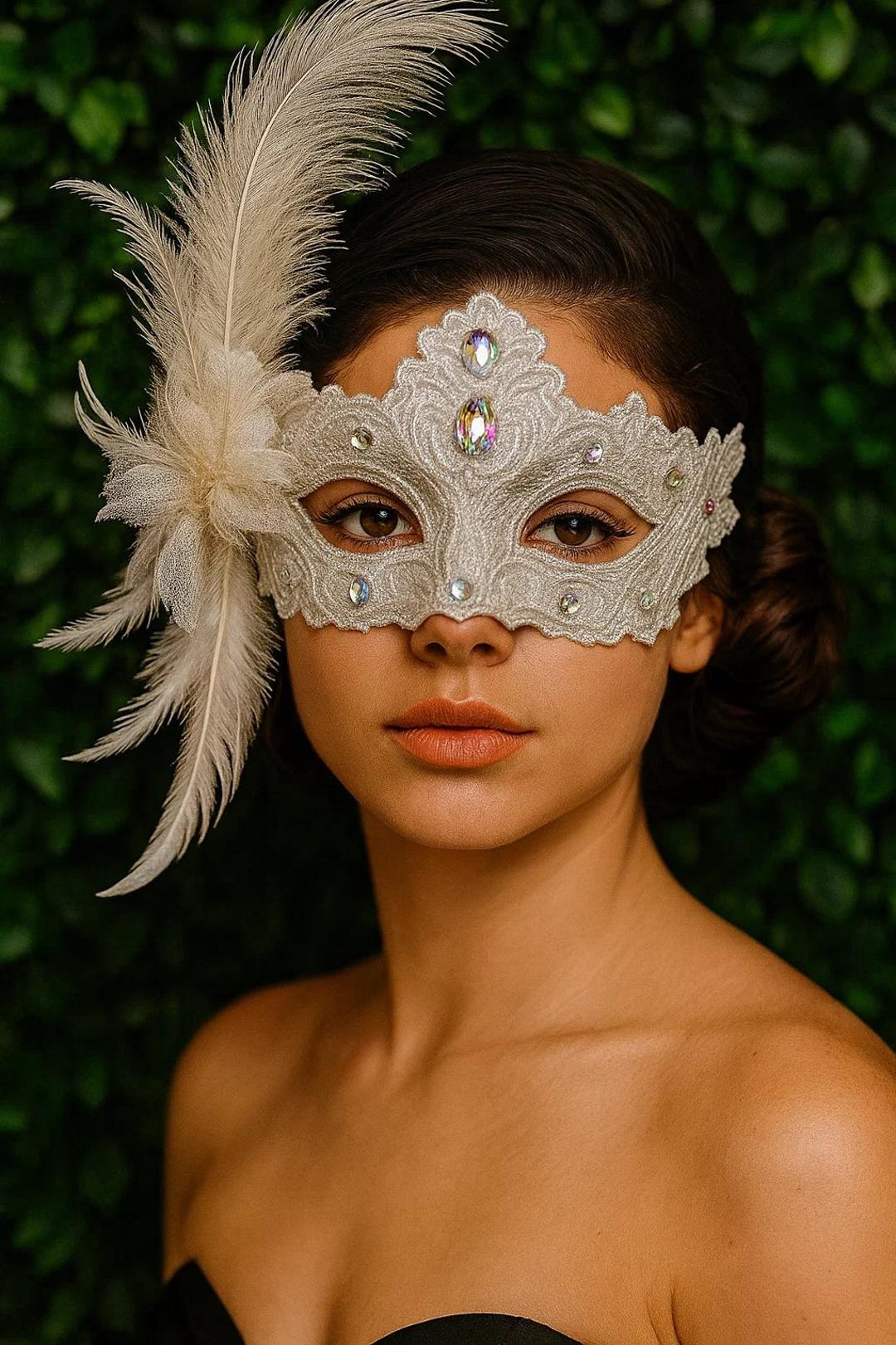 Feather Crystal Masquerade Half Face Mask – Handmade Festival Party ...