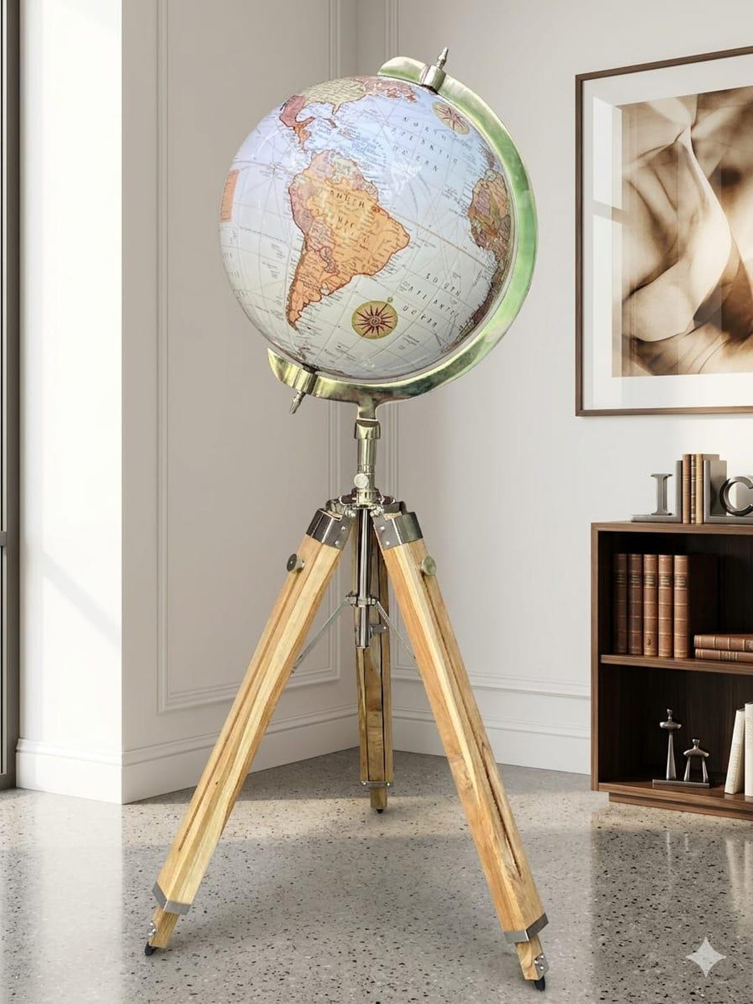 18 Inch Antique World Globe With Adjustable Wooden Tripod Stand ...
