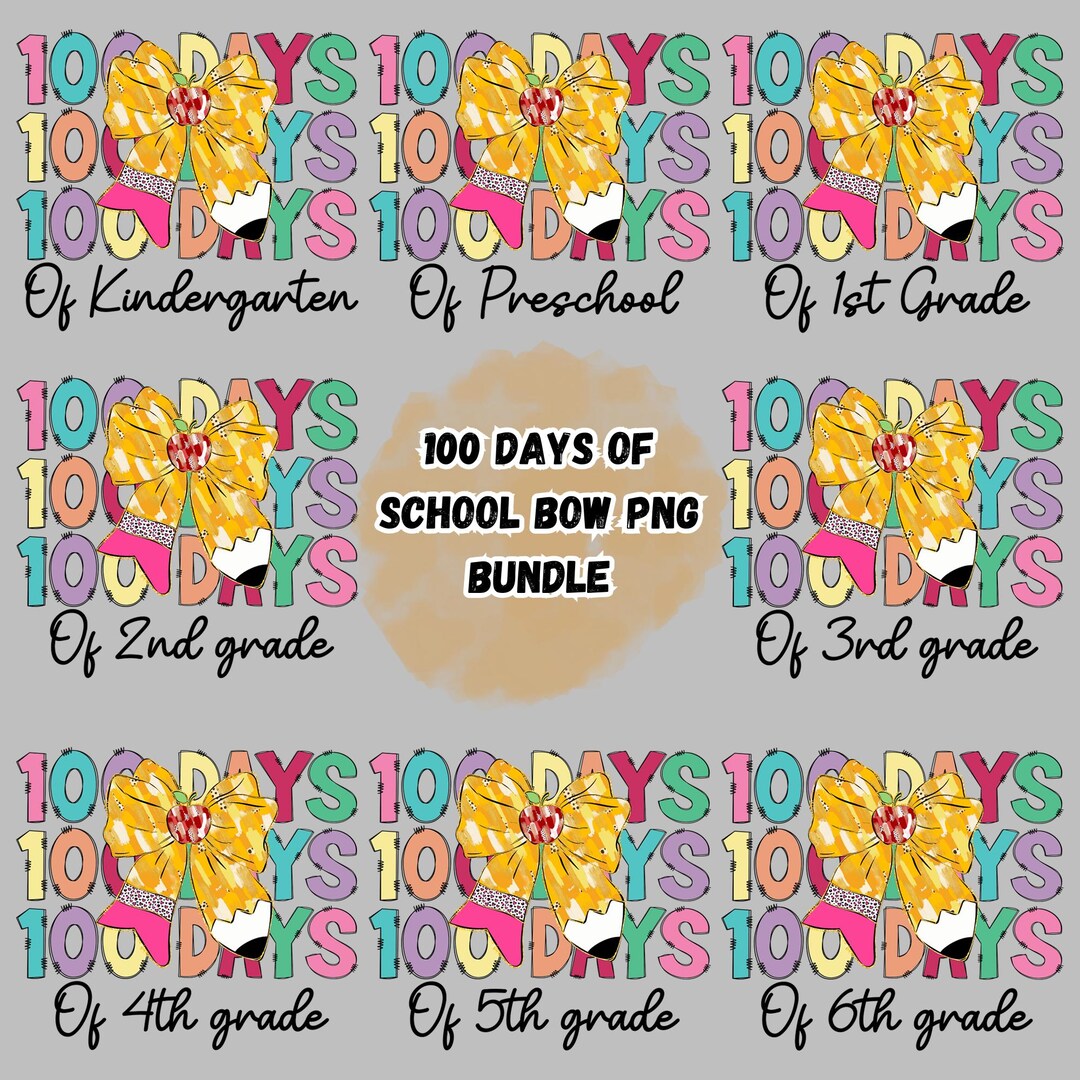 100 Days of School Bow PNG Bundle – Cute Grade Level Designs for Kids ...