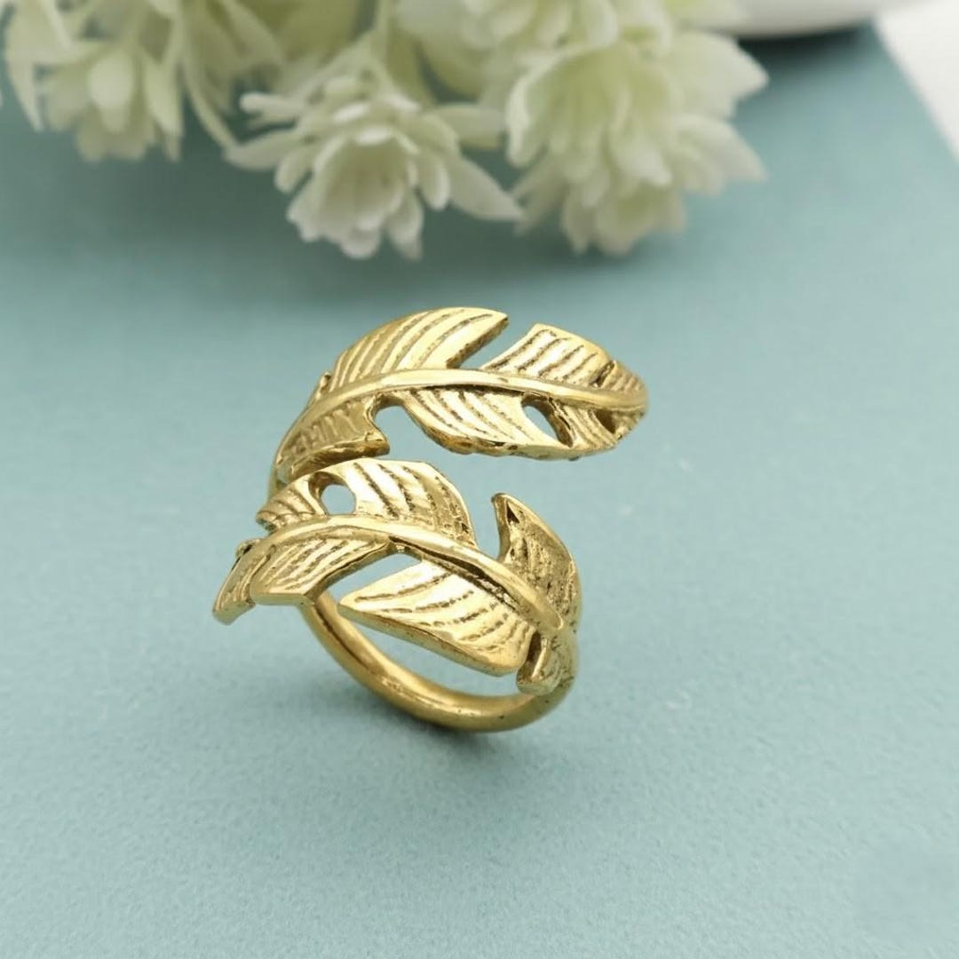 Adjustable Brass Feather Wrap Ring | Gold Boho Statement Ring | Nature ...