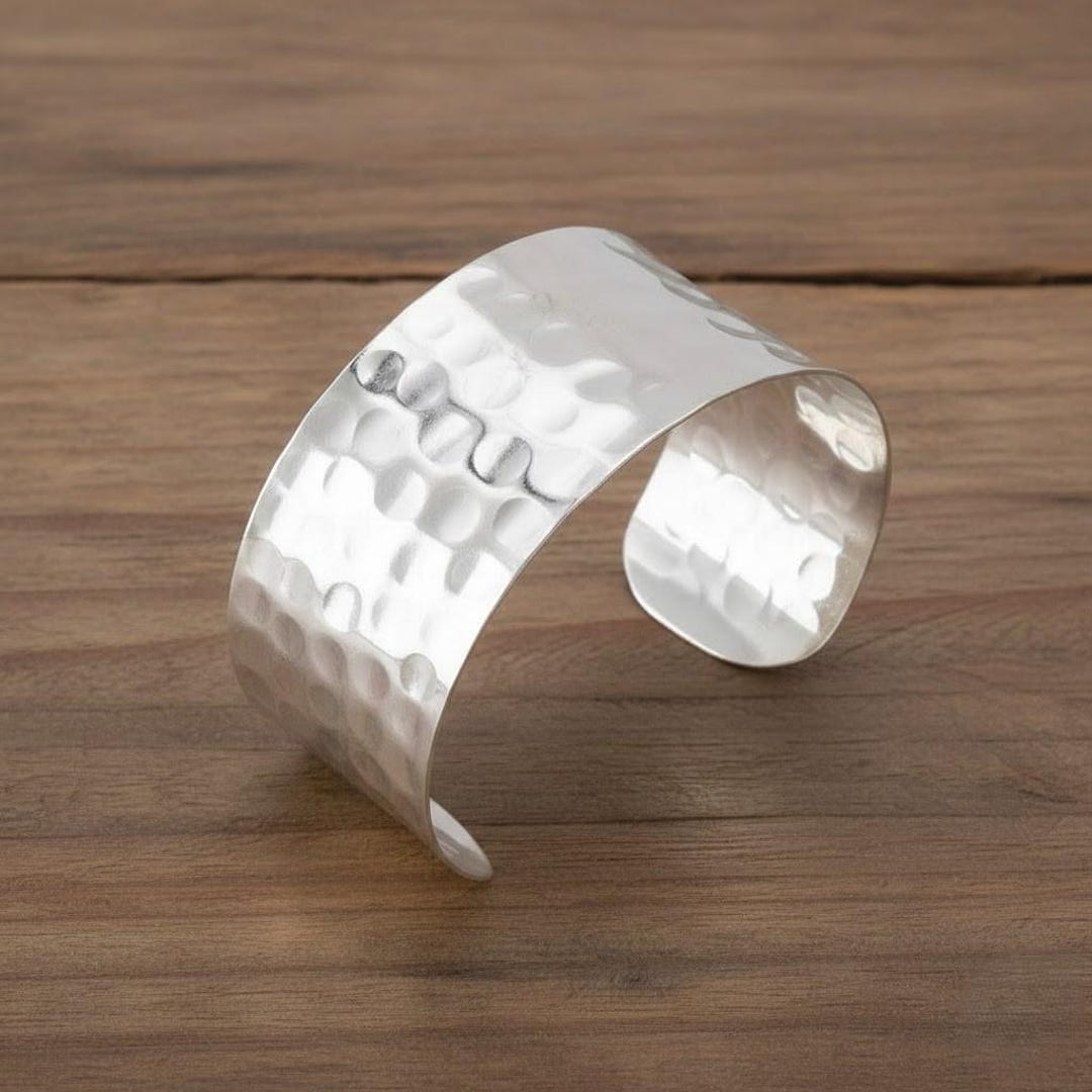 Hand Hammered Silver Cuff Bracelet, Adjustable Wide Sterling Armlet ...