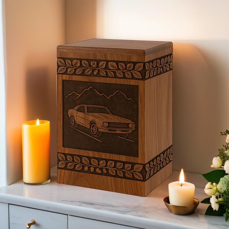 Mustang Car Urn for Human Ashes, Engraved Mustang Cremation Urn, Wooden ...