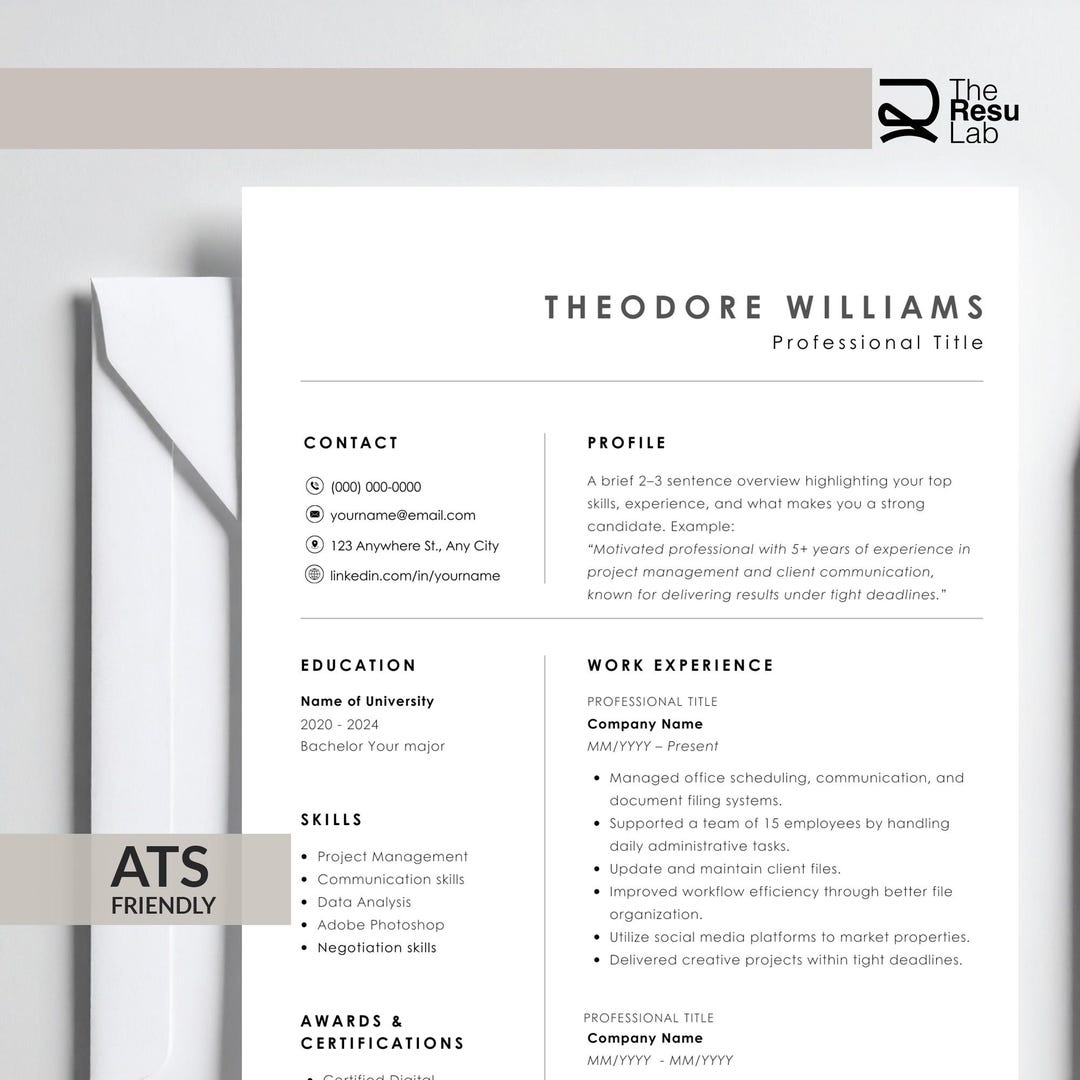 Professional ATS Friendly Resume With Cover Letter for Word Pages Canva ...