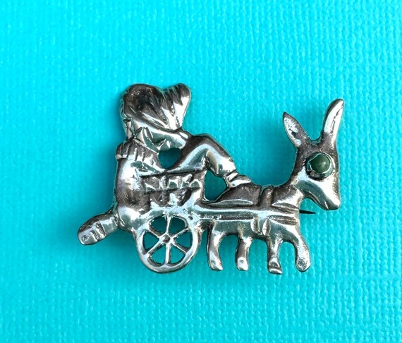 Vintage Sterling Burro Donkey Wagon Mexico Green Turq… - Gem