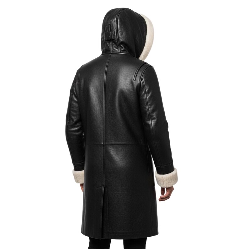 Men Leather Duffle Coat Vintage Shearling Hooded Toggle Overcoat Winter ...