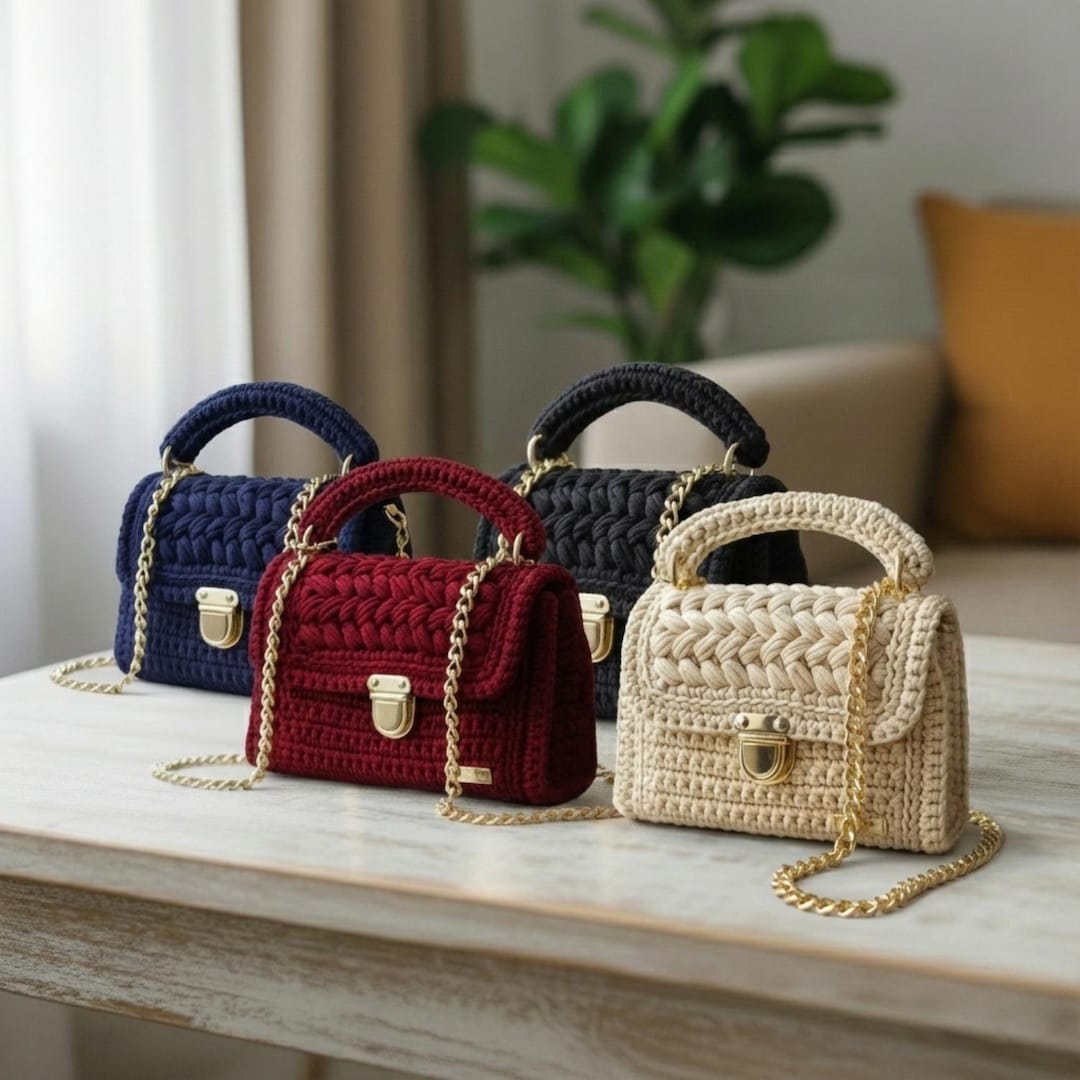 Handmade Crochet Crossbody Bag Red Shoulder Bag Gold Chain Handbag ...