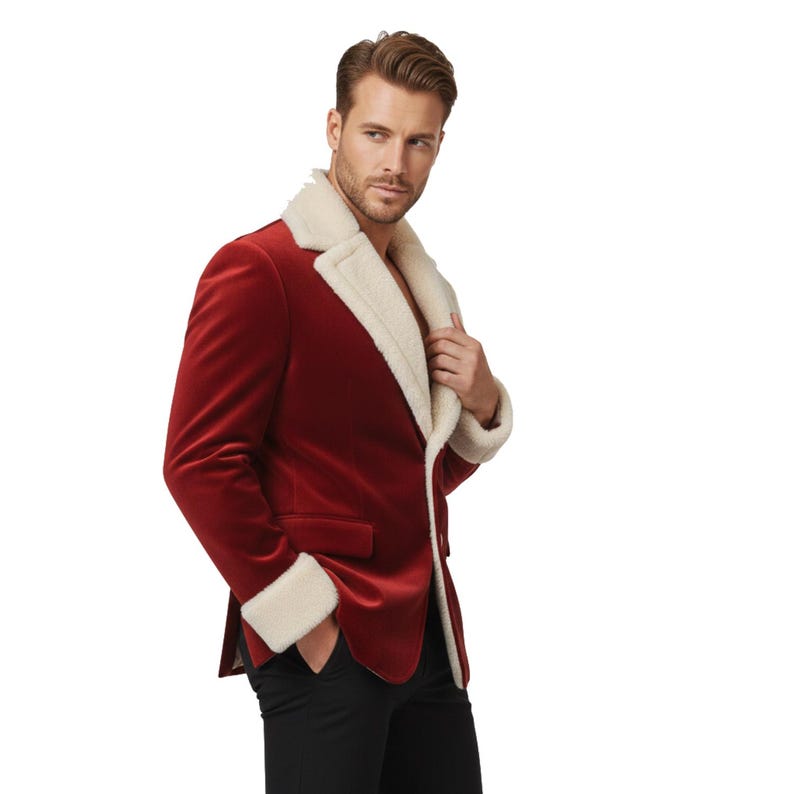 Men Velvet Shearling Blazer Coat Red Party Jacket Vintage Holiday ...