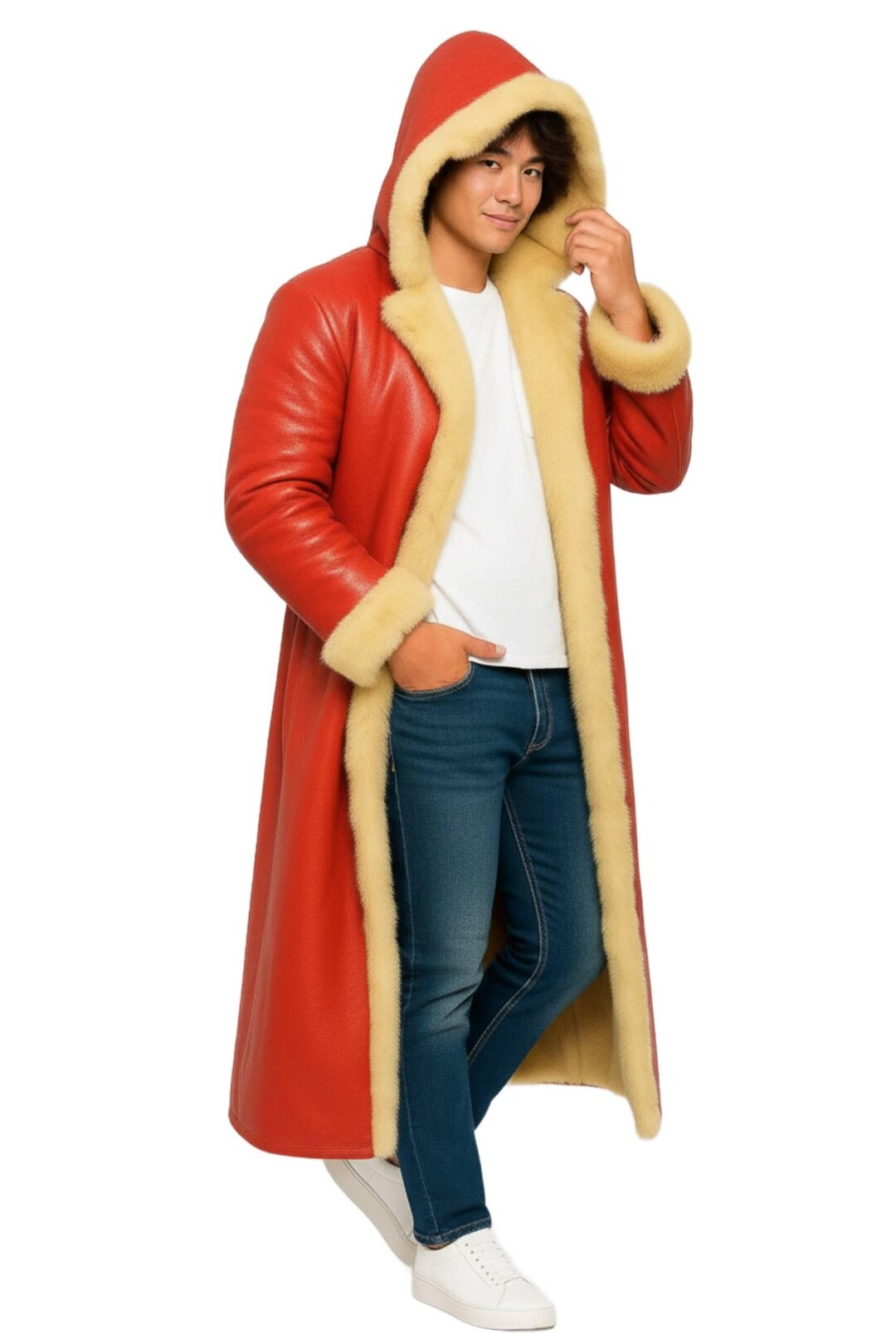 Santa Long Leather Fur Coat Christmas Wear Santa Clause Hooded Handmade ...