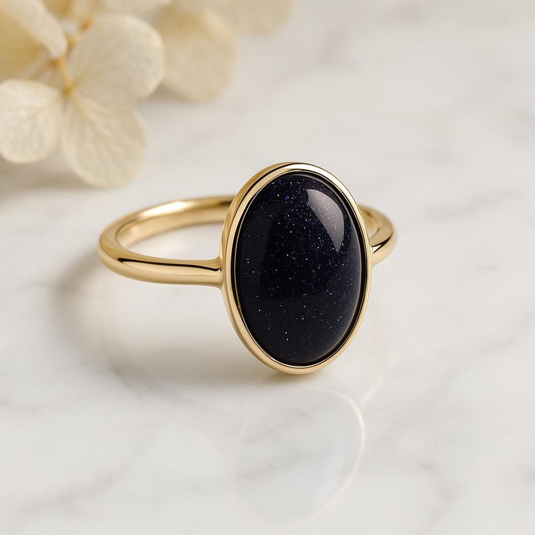 Blue Sandstone Ring • Gold Oval Gemstone Ring • Blue Goldstone Jewelry ...
