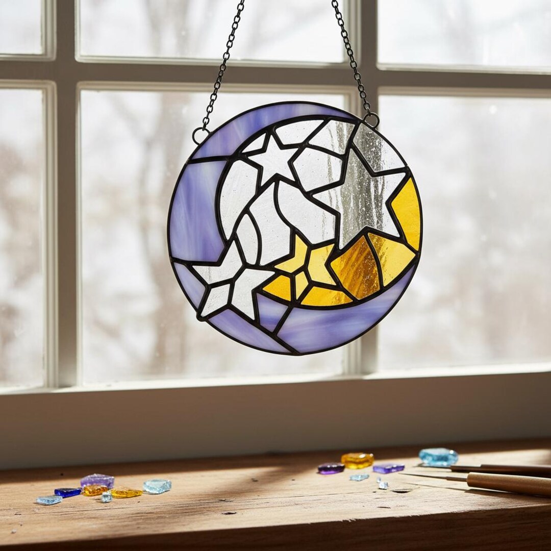 Moon Stars Stained Glass Pattern, 0.5mm Precision Line SVG PDF, Cricut ...