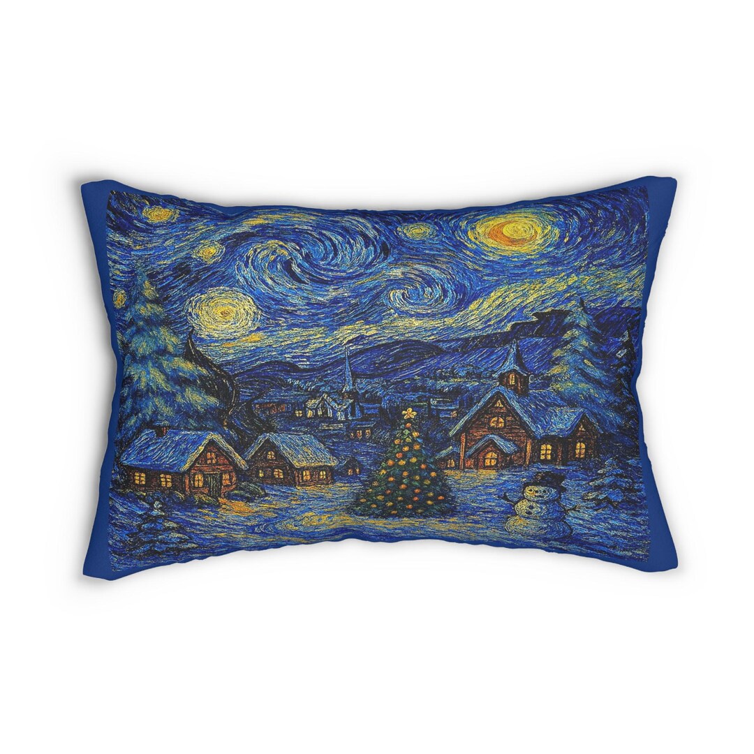 Starry Night Winter Village Lumbar Pillow | Holiday Nightscape Throw ...