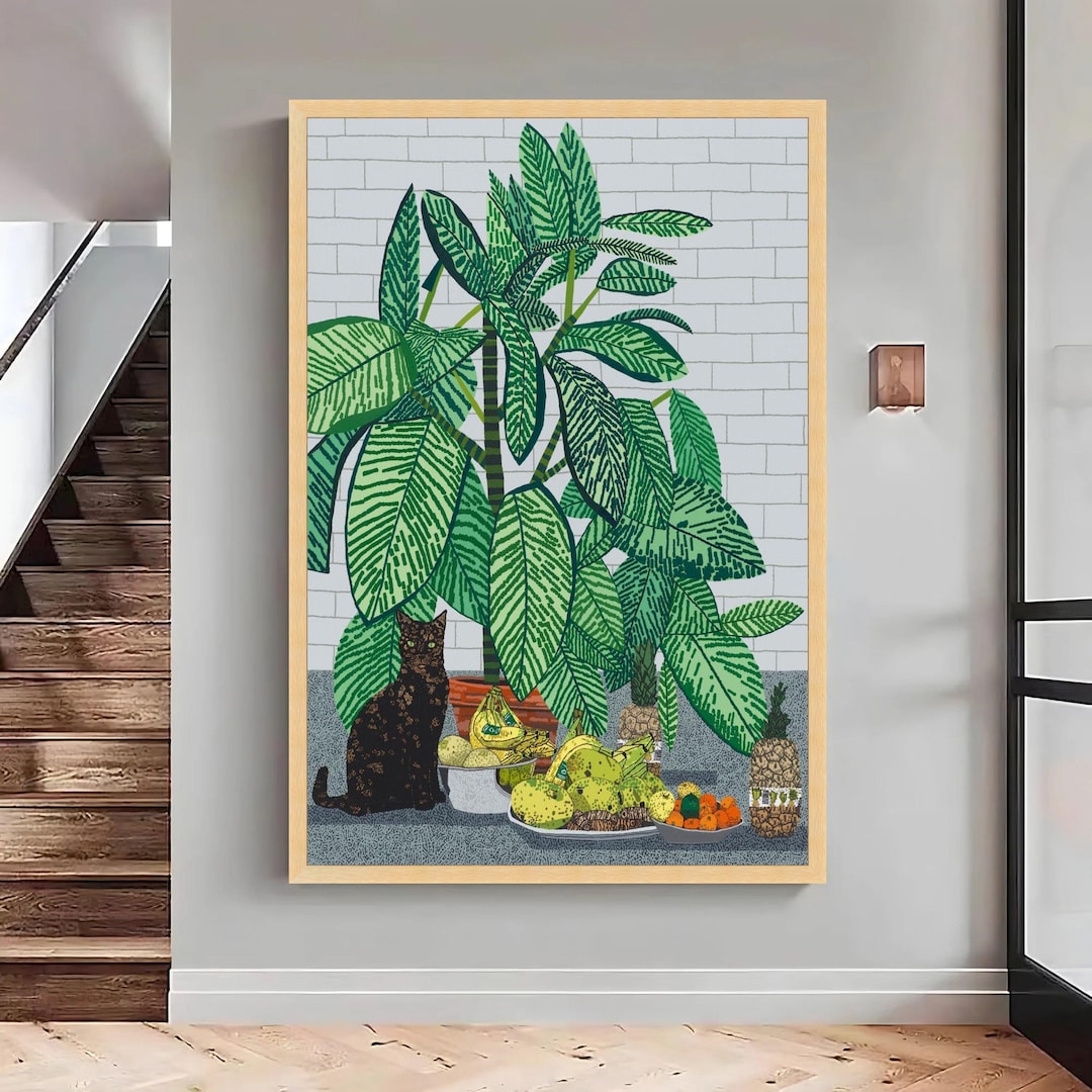 Tropical Still Life Canvas Print, Cat and Pineapple Botanical Art ...