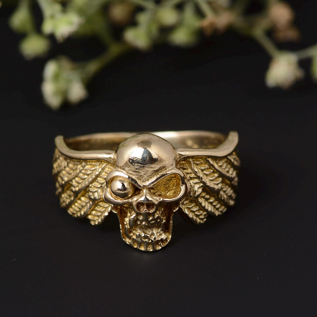 Gold Skull Ring for Men, Winged Skull Biker Ring, Gothic Punk Statement ...