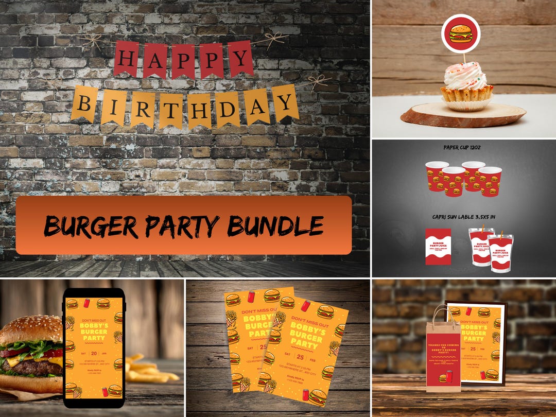 Fast Food Party Invitation Bundle, Editable Canva Template, Burger ...
