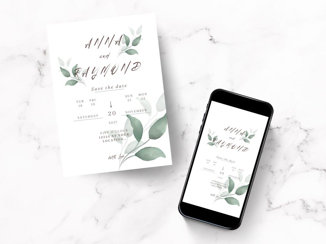 Wedding Invitation, Green Leaf Invite, Printable Gender Neutral ...