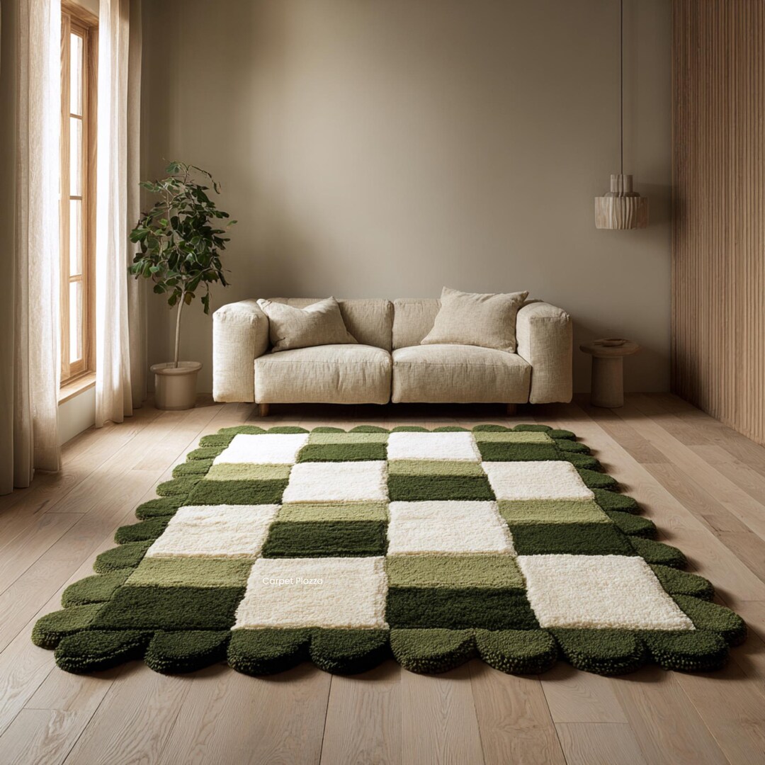 Green Cream Checkered Rug | Scalloped Edge Checkerboard Carpet ...