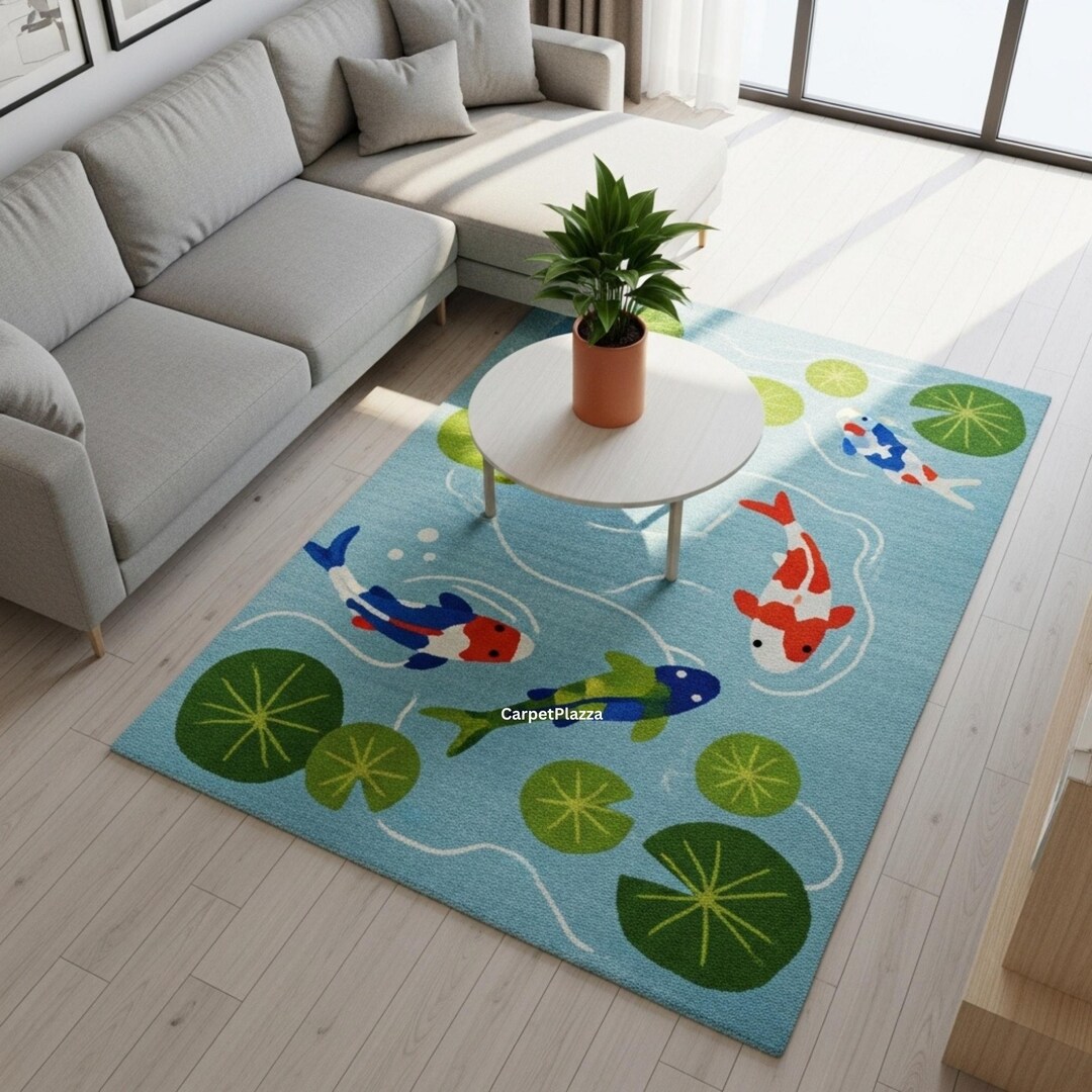 Koi Fish Area Rug | Blue Pond Carpet | Japanese Hand Tufted Floor Rug ...