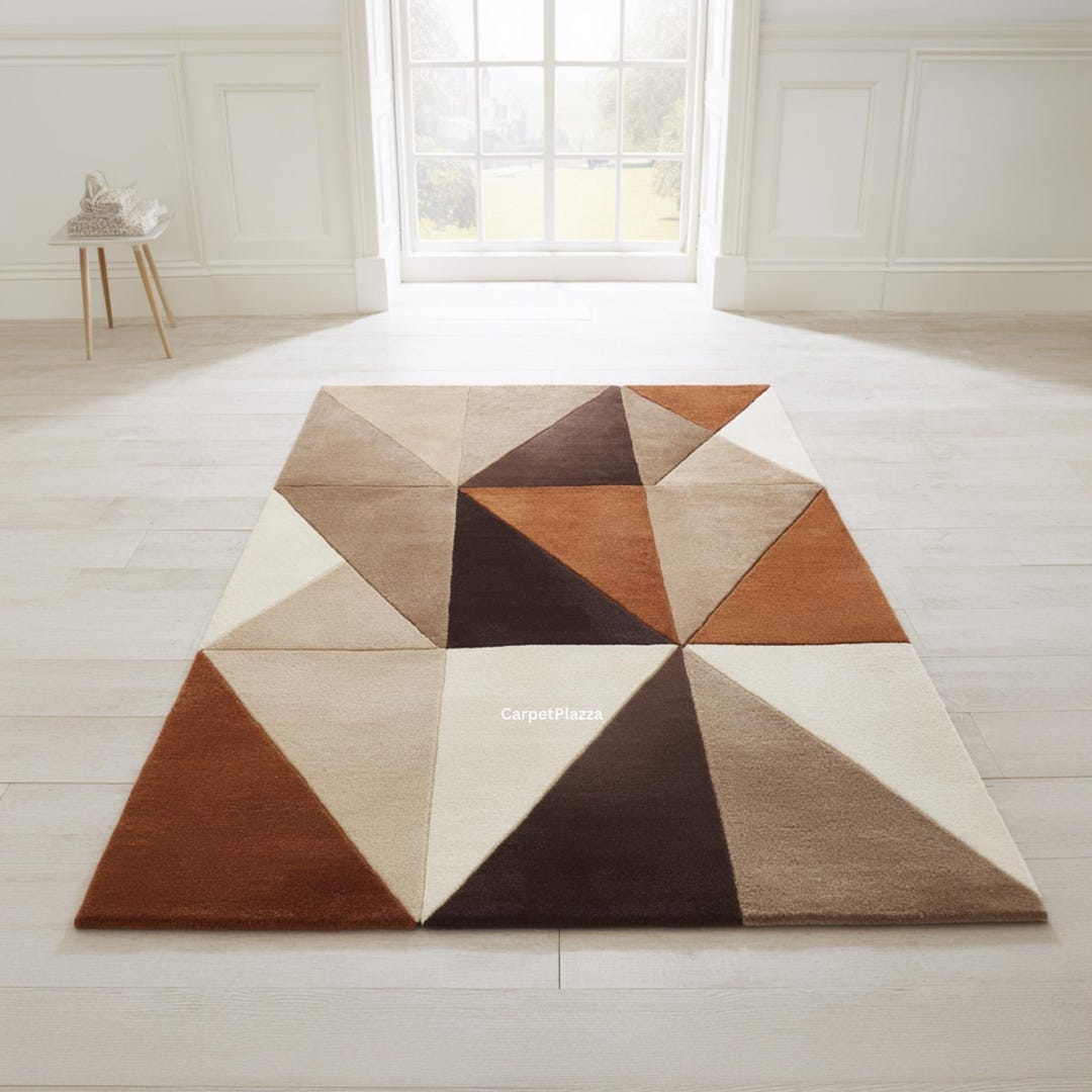 Geometric Brown, Beige Wool Rug | Modern Abstract Area Carpet for ...