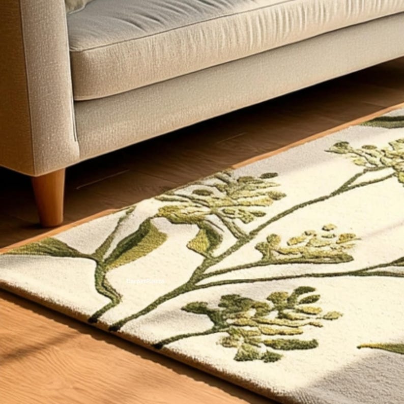 Botanical Leaf Wool Rug | Hand Tufted Floral Carpet | Green, Beige ...