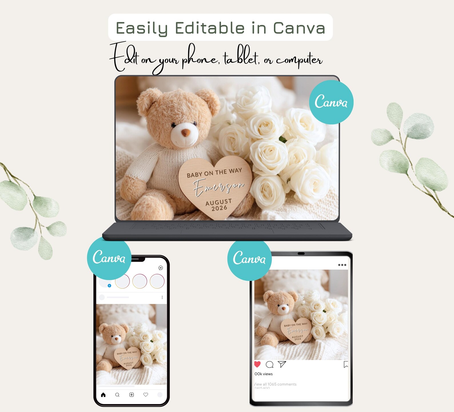 Gender Neutral Baby Announcement Template | Minimalist Teddy Bear ...