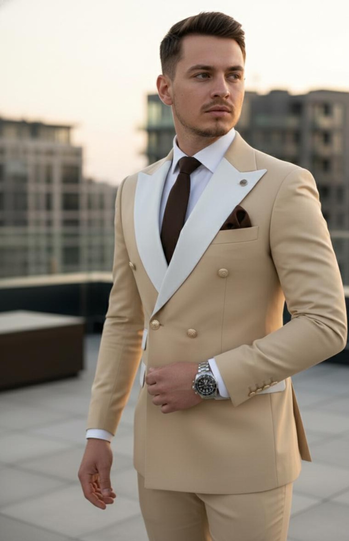Men's 2-piece Tan Double-breasted Suit With White Contrast Peak Lapel ...