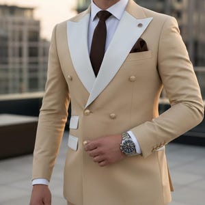 Men's 2-piece Tan Double-breasted Suit With White Contrast Peak Lapel ...