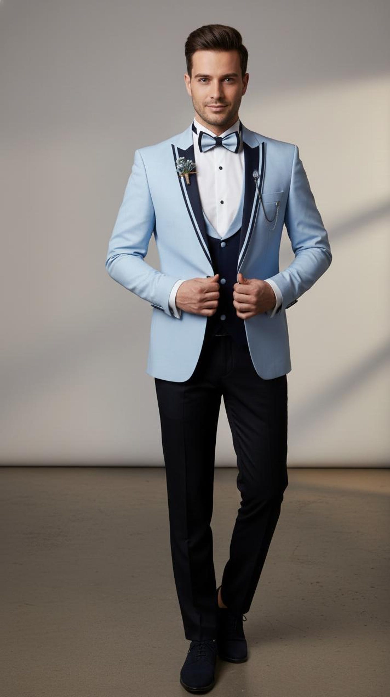 Men’s Light Blue & Navy Contrast Three-piece Tuxedo Suit – Elegant ...
