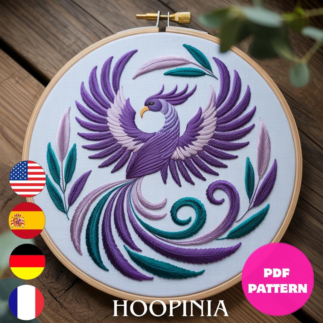 Phoenix Embroidery Pattern | Mythical Bird, Satin Stitch (PDF Pattern ...