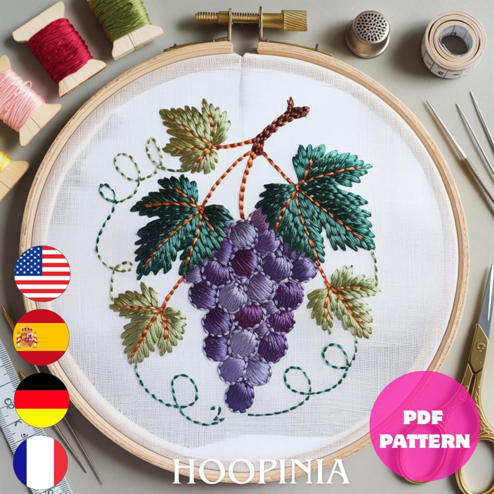 Grape Vine Hand Embroidery Pattern PDF Botanical DMC Guide Beginner ...
