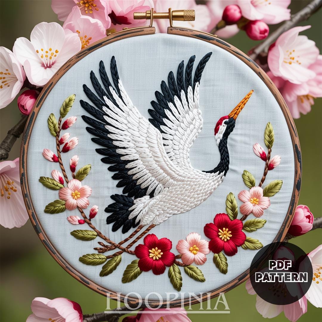 Crane Embroidery Pattern PDF | Cherry Blossom Hoop Art | DMC Color ...